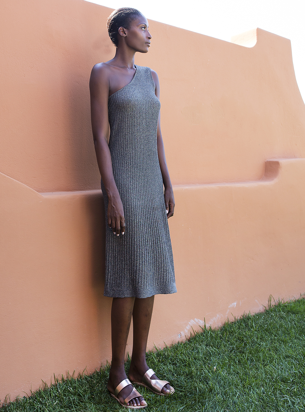 AGGEL Φόρεμα με Έναν Ώμο Lurex Dark Grey - Angels Fashion